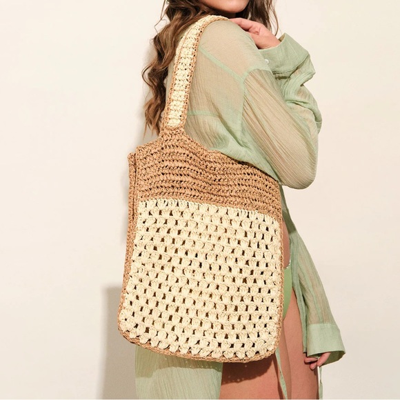 Glassons | Bags | Woven Colorblock Straw Tote Shoulder Bag Tan Cream ...